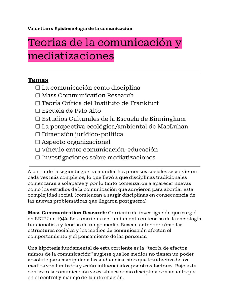 Valdettaro - Teorías de La Comunicacion y Mediatizacones | PDF ...