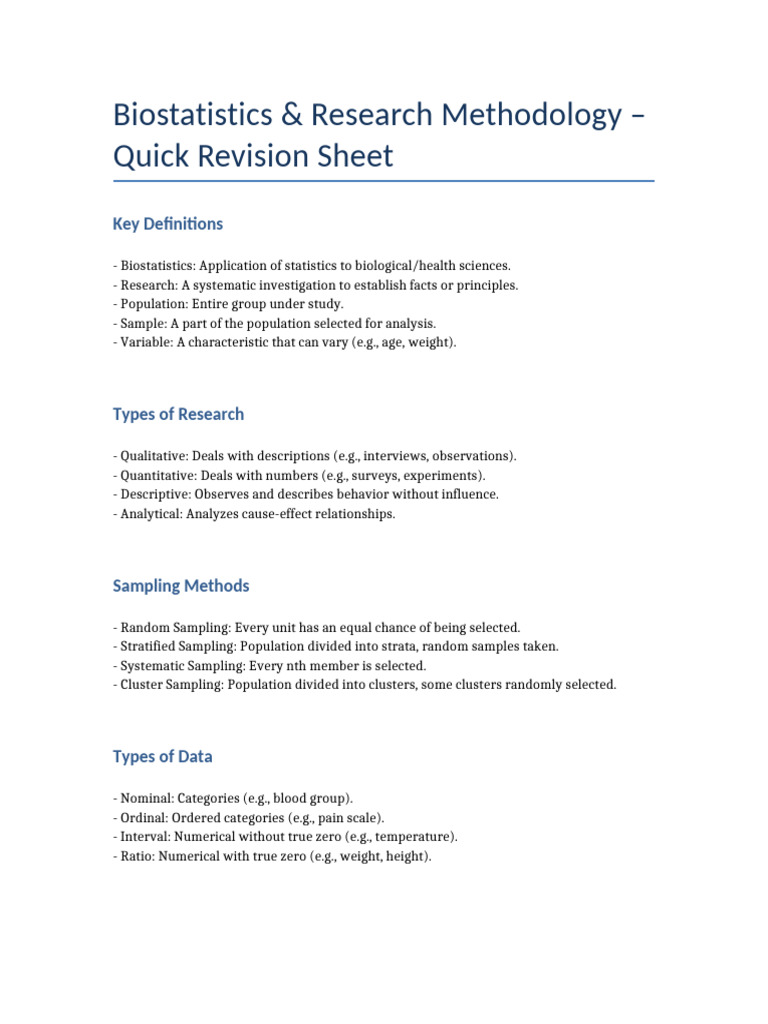 Biostatistics Quick Revision Sheet | PDF