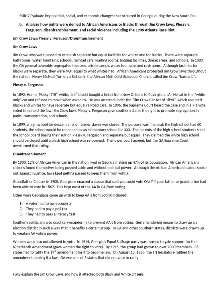 Jim Crow Laws and Disenfranchisement in Georgia | PDF | Jim Crow Laws ...