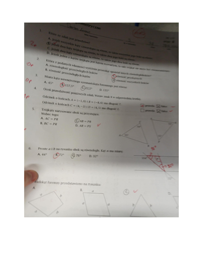 Sprawdzian. Matematyka. Klasa 7. Figury Geometryczne. | PDF