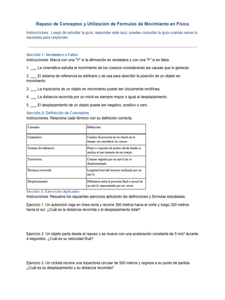 Repaso de Conceptos y Utilización de Fórmulas de Movimiento en Física - 1 | PDF | Cinemática ...