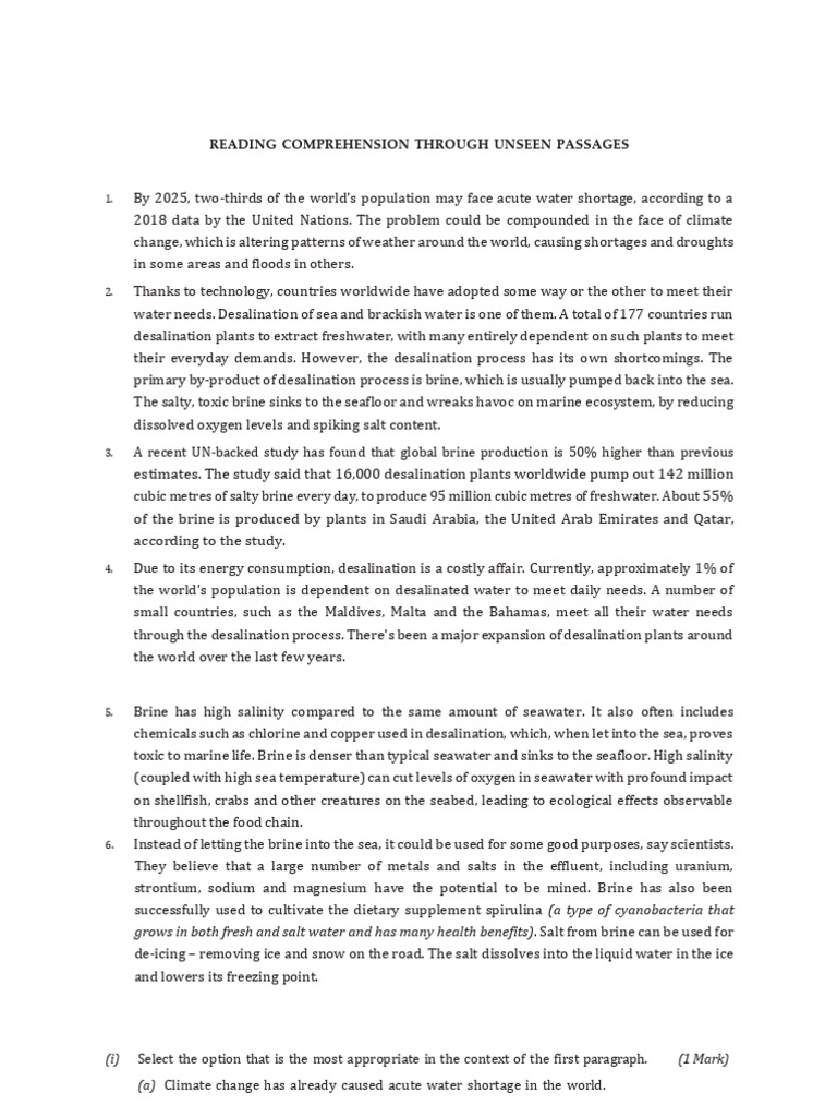 Reading Comprehension Through Unseen Passages | PDF | Desalination ...