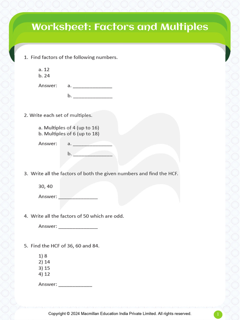 Worksheet - Grade 4 - ch5 - Factors and Multiples | PDF
