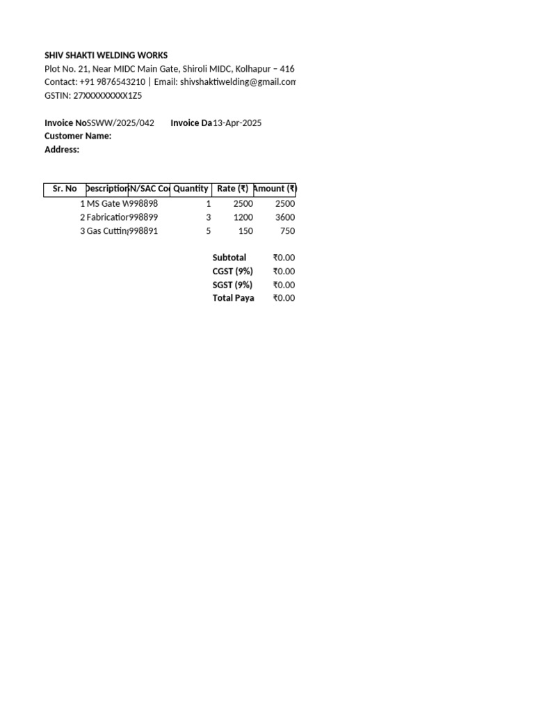 Welding Invoice Kolhapur | PDF