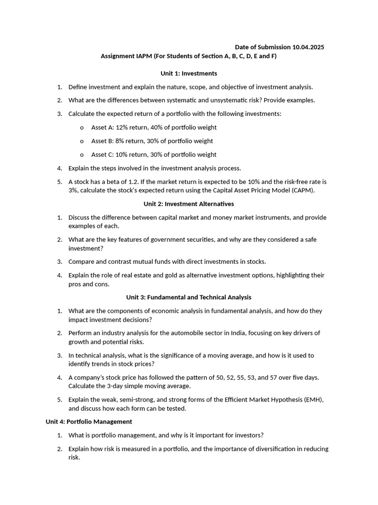 Assignment IAPM Date of Submission 10.04.2025 | PDF | Investing | Financial Risk