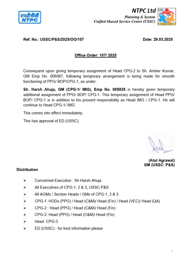 107 Office Order of Harsh Ahuja Additinal Charge of PPG BOP CPG-1 | PDF