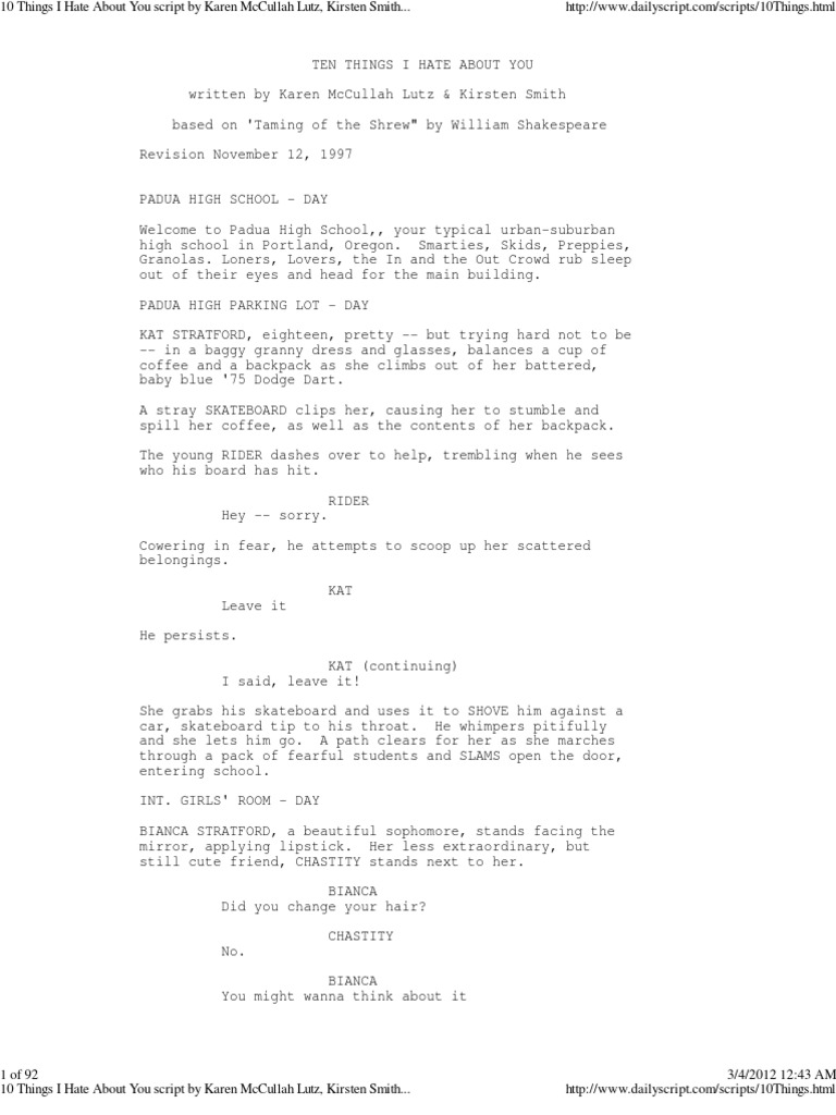 10 Things I Hate About You Script by Karen McCullah Lutz, Kirsten Smith ...
