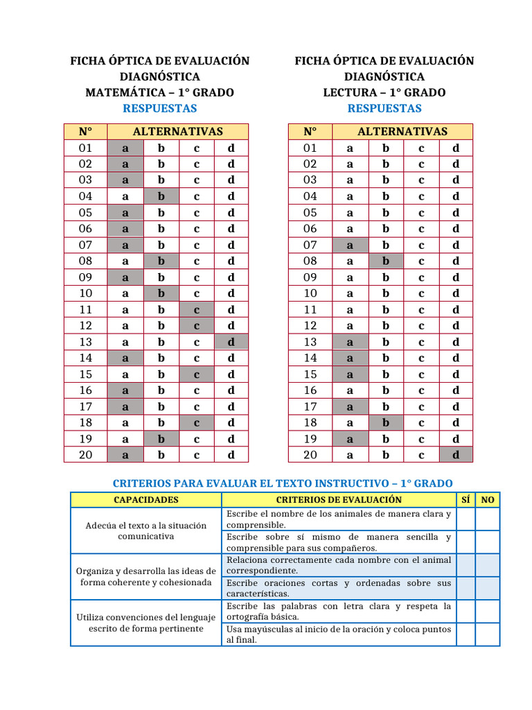 1° - FICHA ÓPTICA DE EVALUACIÓN DIAGNÓSTICA_COMUNICACIÓN Y MATEM. | PDF | Lingüística ...