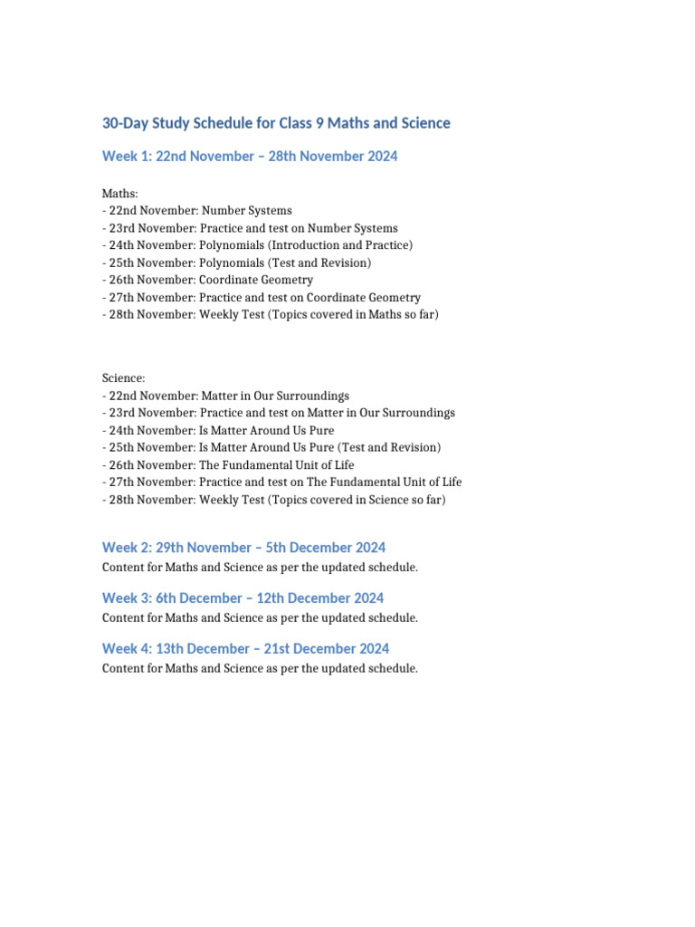 Class 9 30day Schedule | PDF