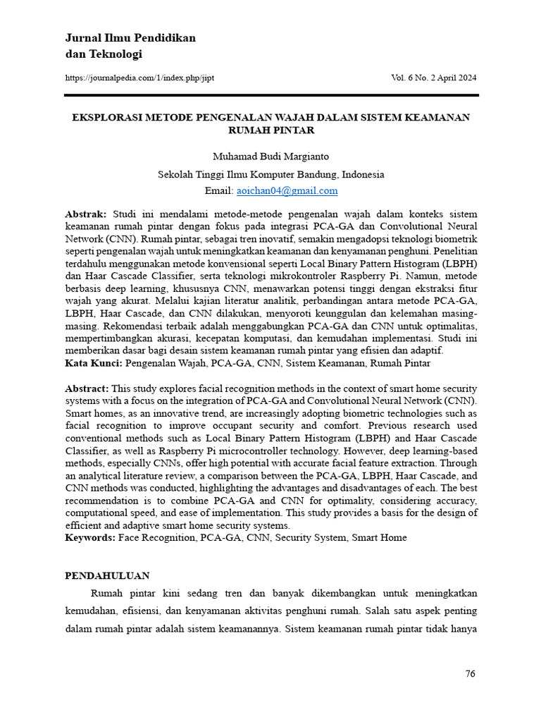 Eksplorasi Metode Pengenalan Wajah Dalam Sistem Keamananrumah Pintar | PDF
