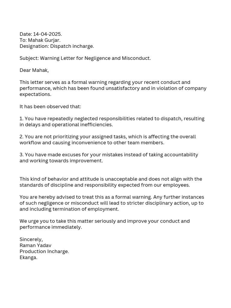 Sure! Here’s a Professionally Worded Warning Letter You Can Use ...