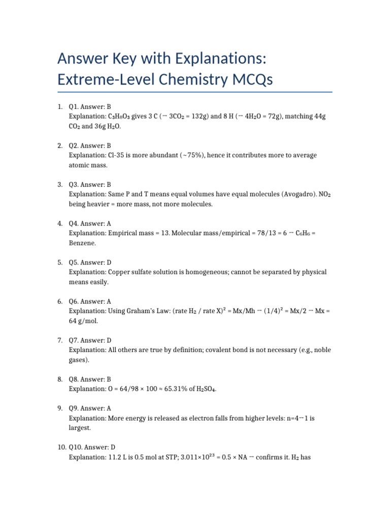 Extreme Chemistry MCQs Answer Key | PDF