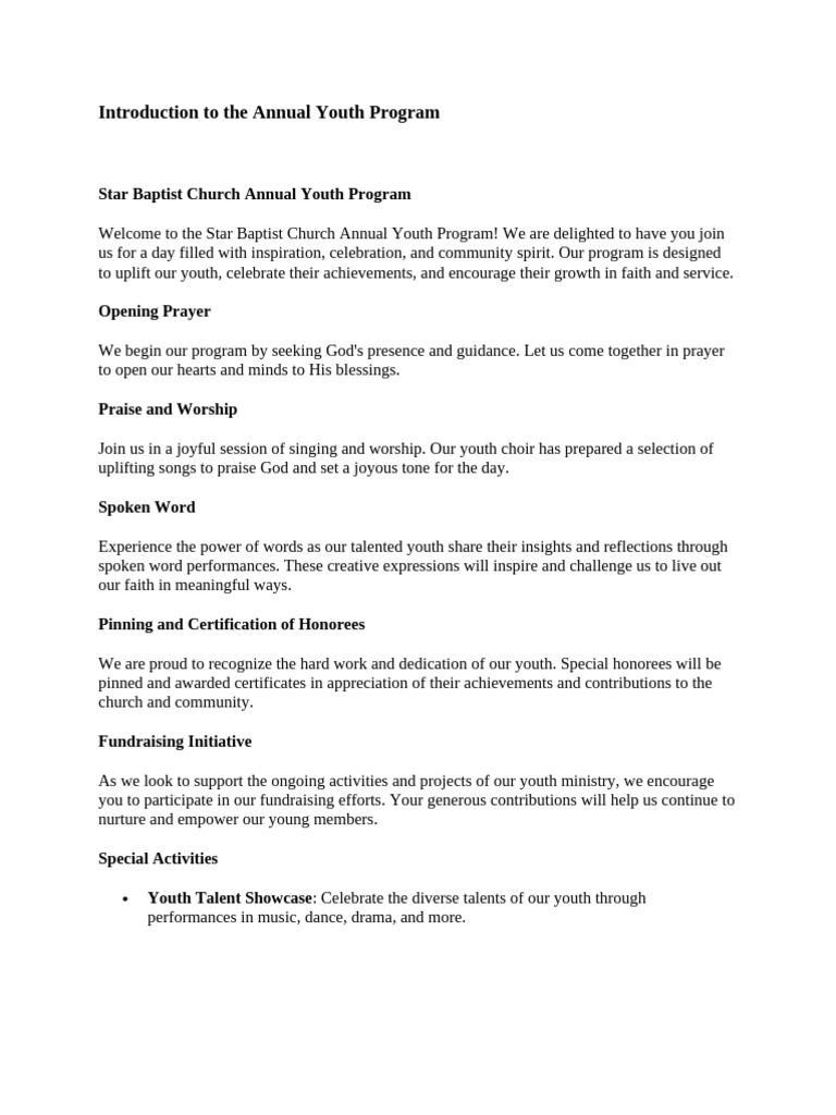 Introduction To The Annual Youth Program, Star Baptist Church | PDF