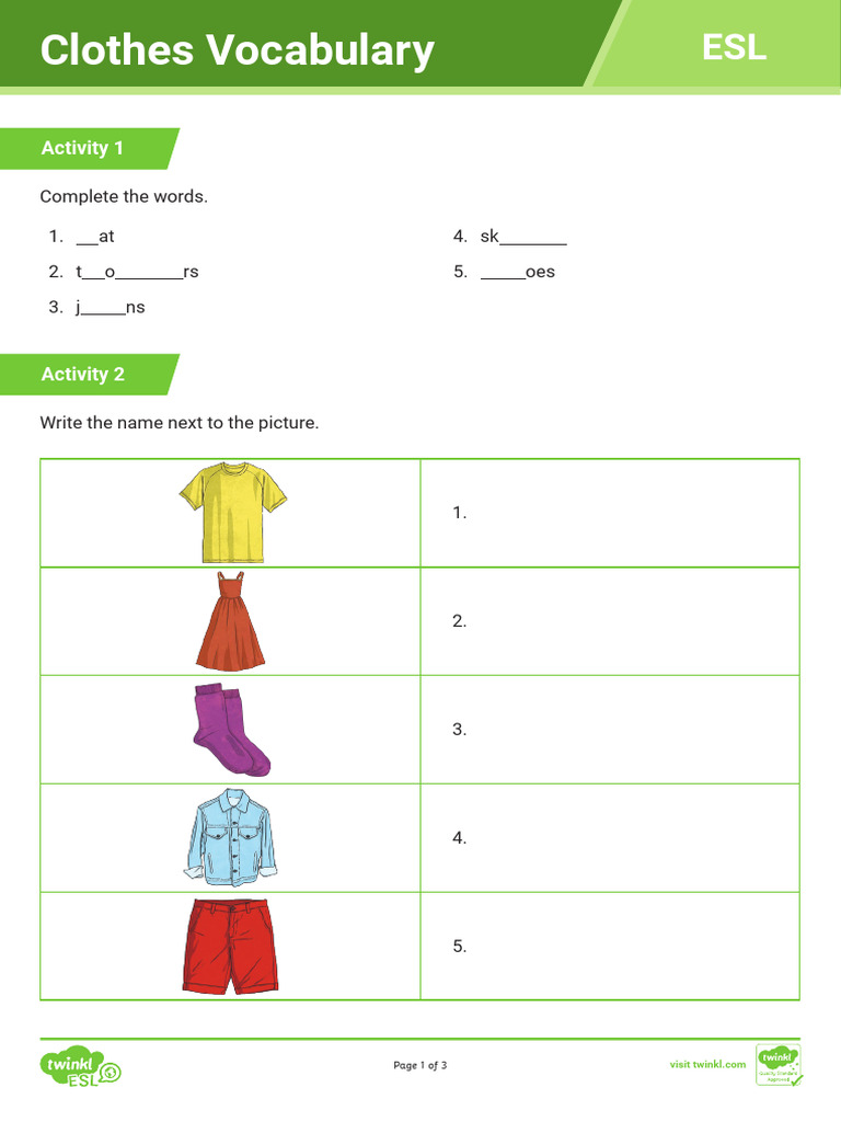 Clothes Vocabulary - Activity Sheet | PDF | English As A Second Or ...