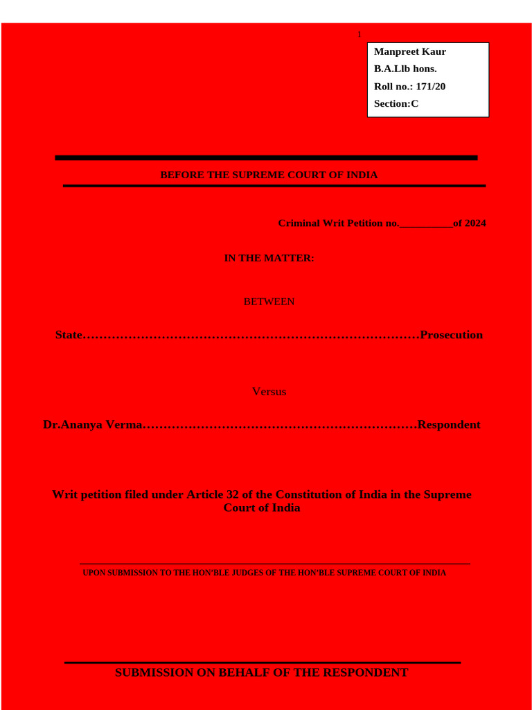 Criminal Moot Memo Manpreet Kaur | PDF | Murder | Terminal Illness