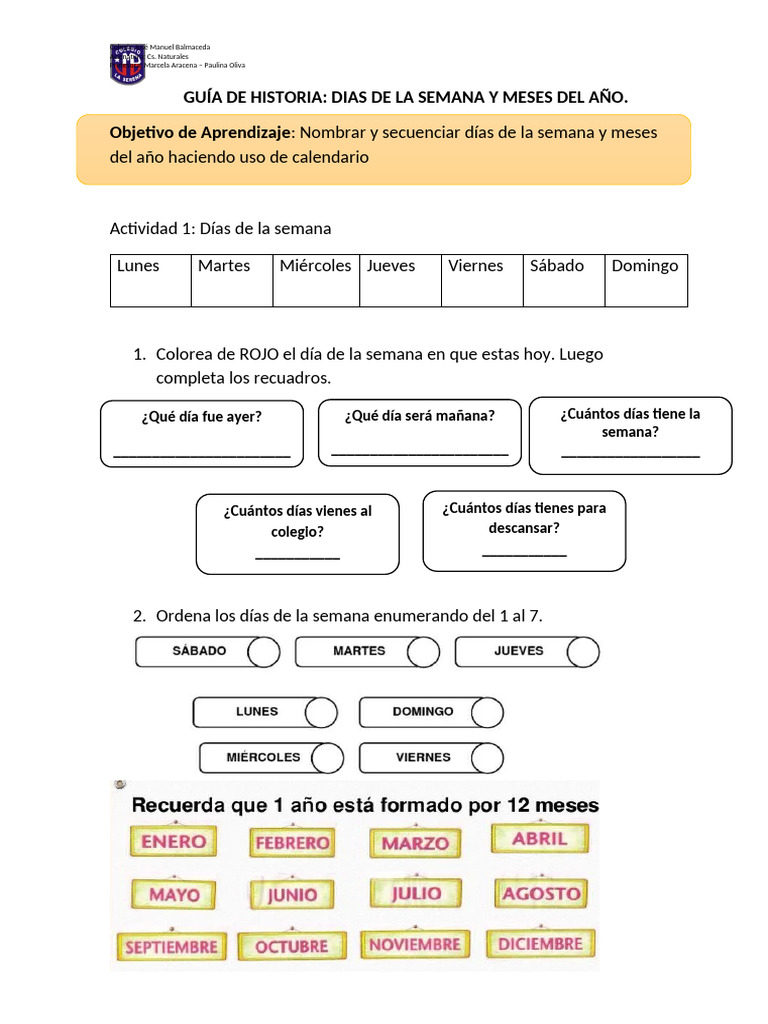 Días y Meses: Guía para Primeros Básicos | PDF