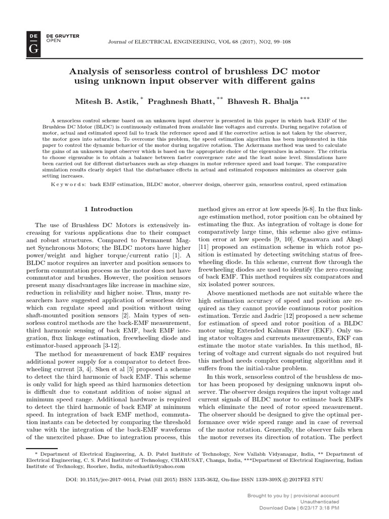 Analysis of Sensorless Control of Brushless DC Mot | PDF | Electric Motor | Power Inverter