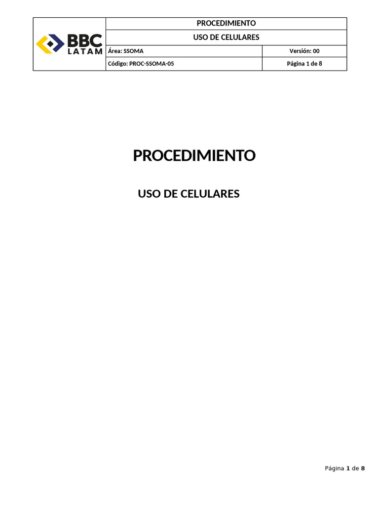 PROC-SSOMA-05 USO DE CELULARES V00 | PDF | Teléfonos móviles | Videojuegos
