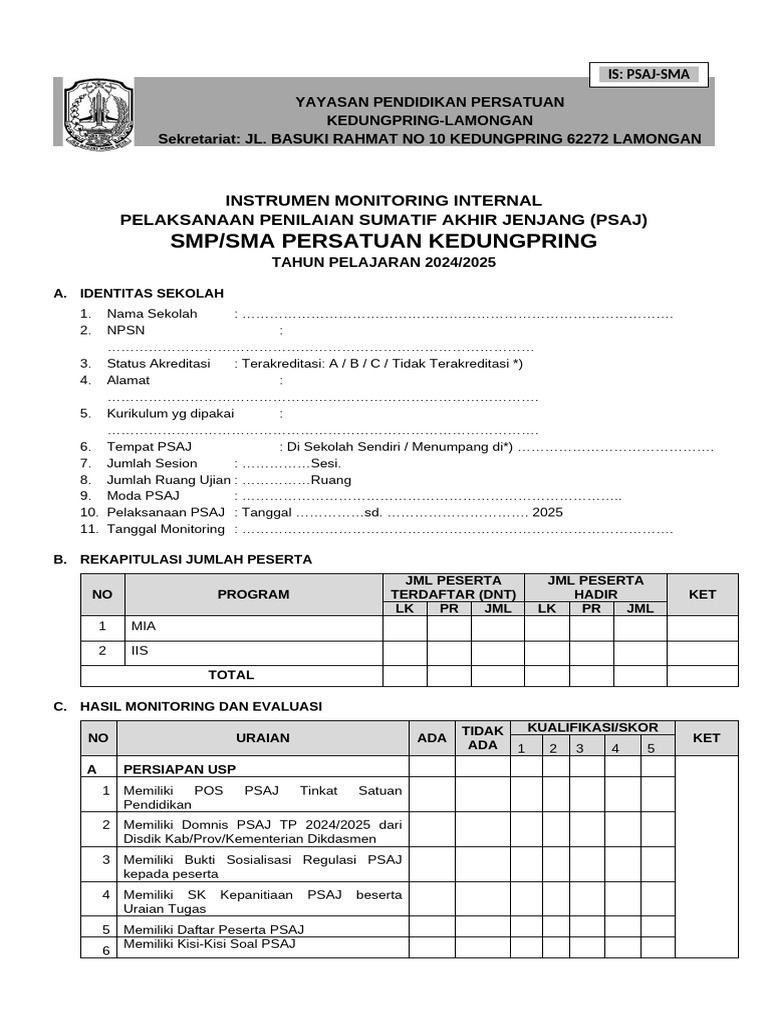 Instrumen Monev Psaj Dari Ypp 2024 | PDF