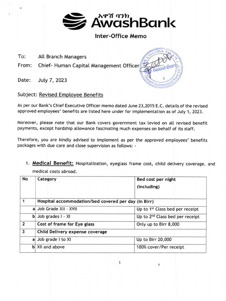 Revised Employee Benefits - To All Branch Managers 2023 GADISA C | PDF