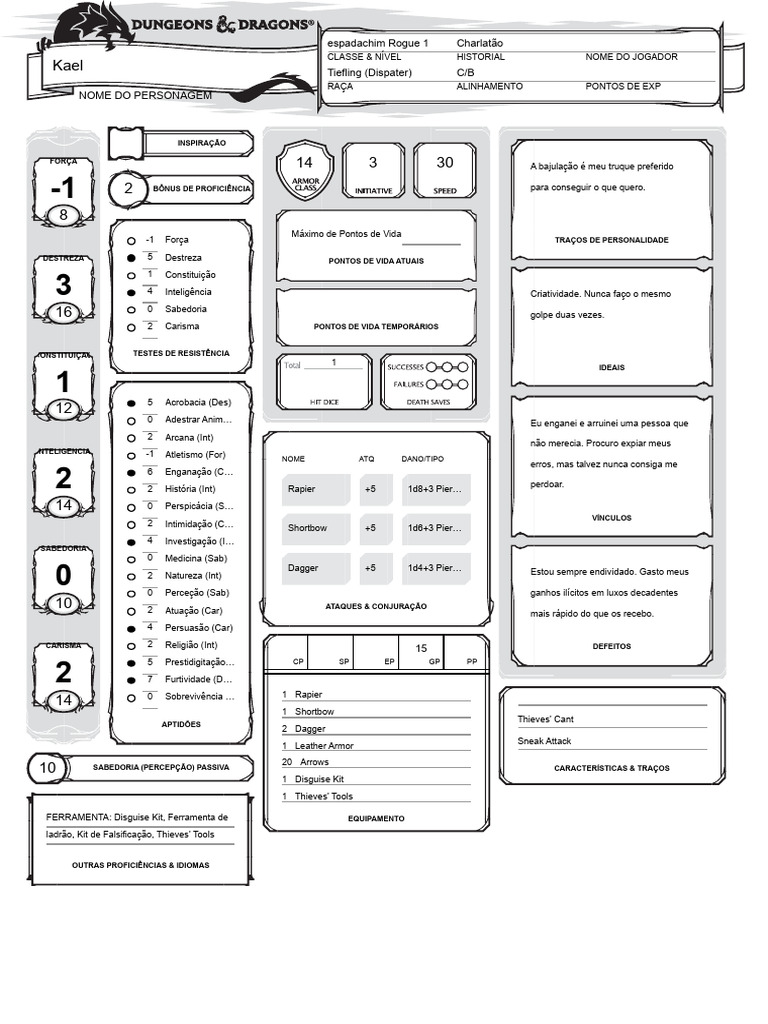 Kael: Tiefling Rogue Character Sheet | PDF