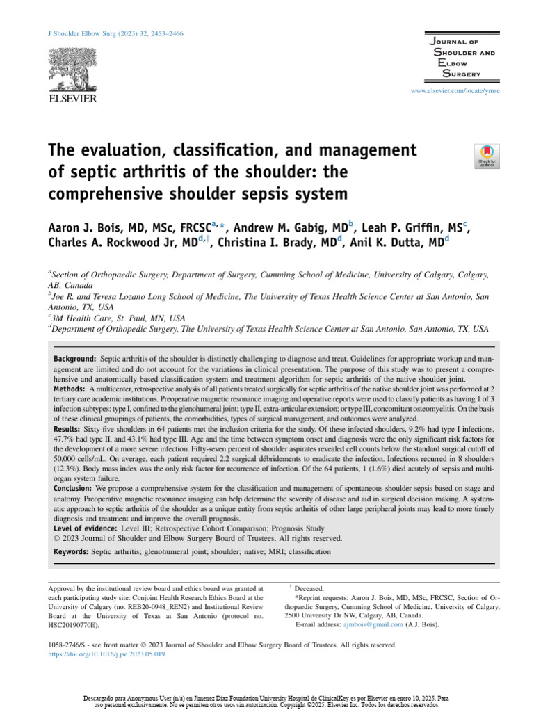 The Evaluation, Classification, and Management of Septic Arthritis of ...