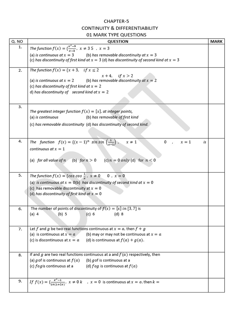 1 Mark Type (Continuity & Differentiability) | PDF | Continuous Function | Function (Mathematics)