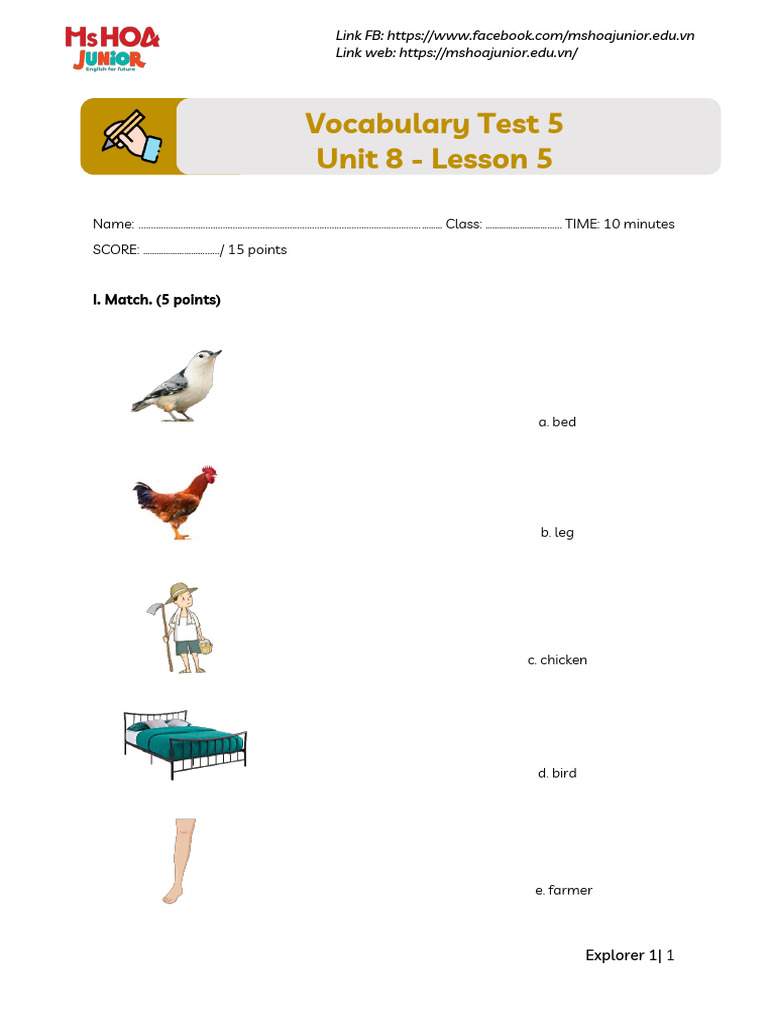 Unit 8 Vocabulary Test for Class 5 | PDF