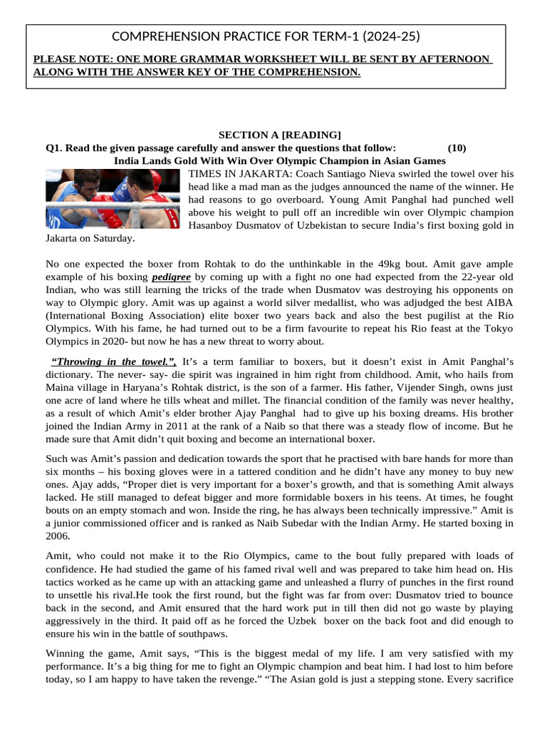 Comprehension Practise For TERM-1 Class 8 | PDF