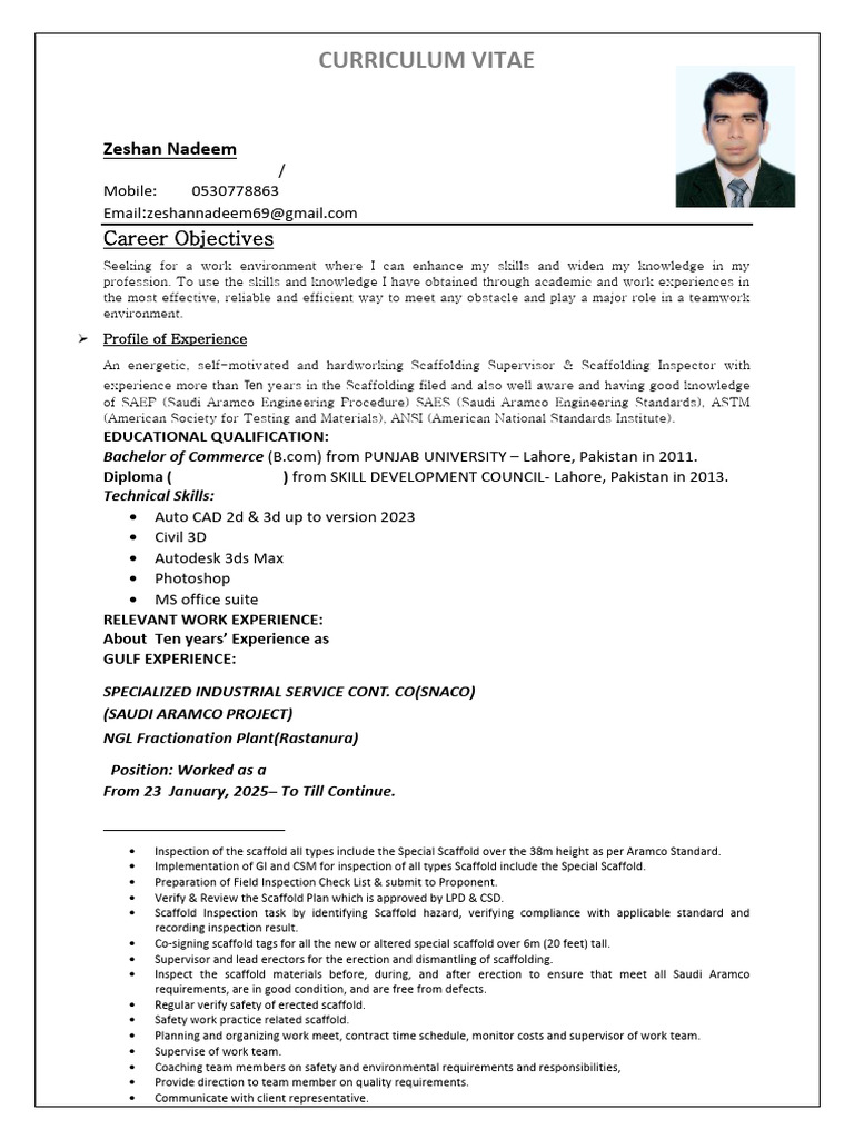 Scaffolding Supervisor CV - Aramco Approved | PDF | Safety ...