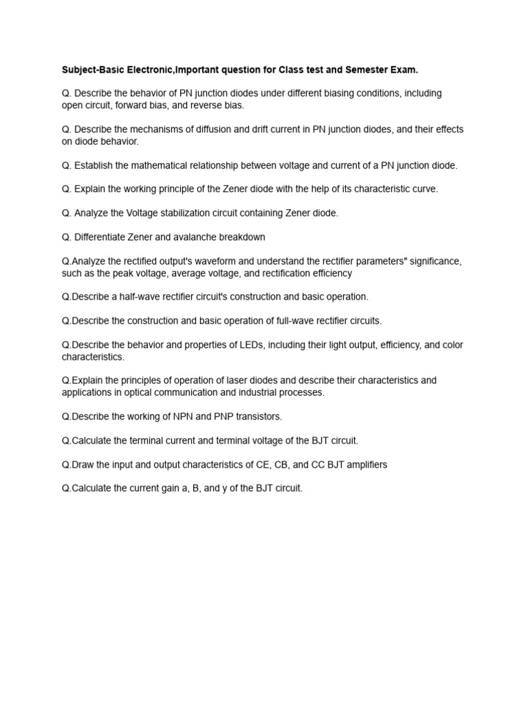 Subject-Basic Electronic, Important Question For Class Test and ...