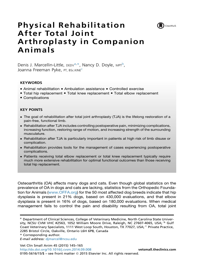 Physical Rehabilitation After Total Joint Arthroplasty in Companion ...