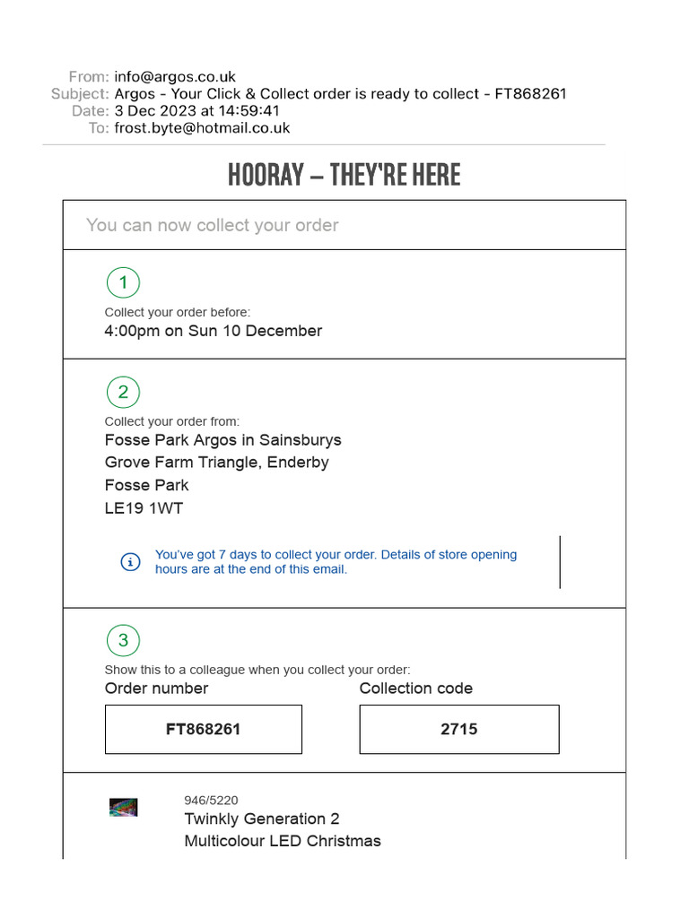 Argos - Your Click & Collect Order Is Ready To Collect - FT868261 | PDF