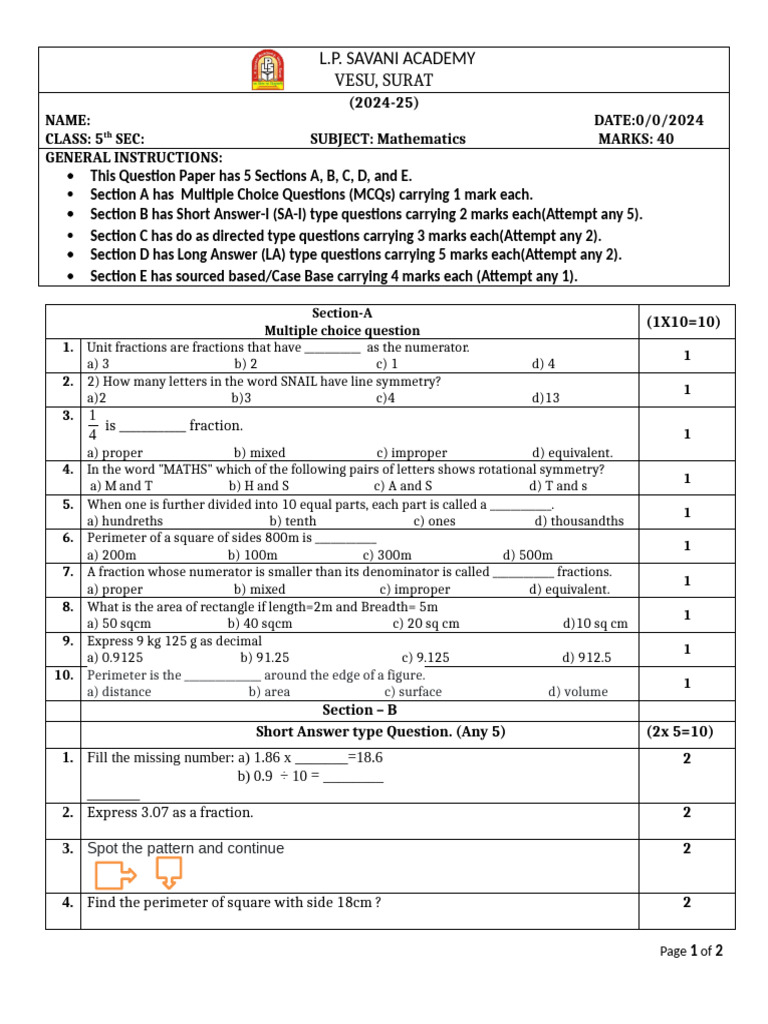 PT - 2 Maths Practice Worksheet Class 5 | PDF | Numbers | Elementary ...