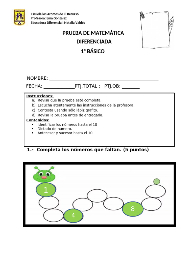 Prueba de Matematica 1 Basico Diferenciada | PDF