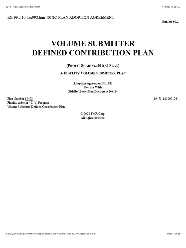 Fidelity 401 (K) Plan Adoption Agreement 2 | PDF | 401(K) | Employment