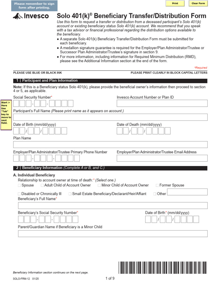 Solo 401 (K) Beneficiary Transfer - Distribution Form | PDF ...