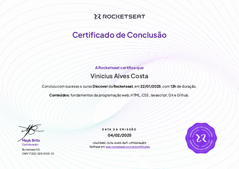 Certificado Discover Rocketseat | PDF