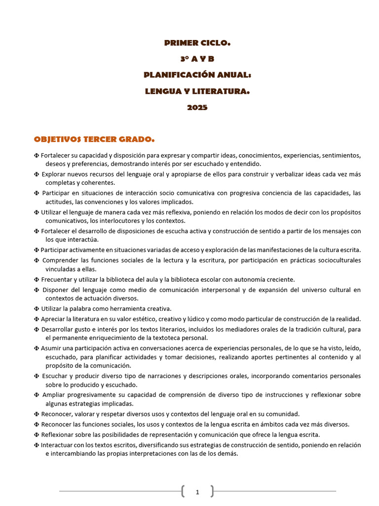 Planif. Anual Lengua - 2025 | PDF | Comunicación | Cognición