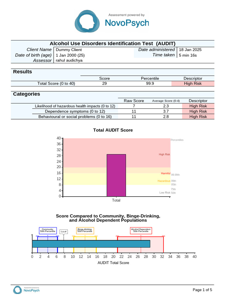 Dummy_Client_AUDIT_2025-01-19 | PDF | Alcoholism | Substance Dependence