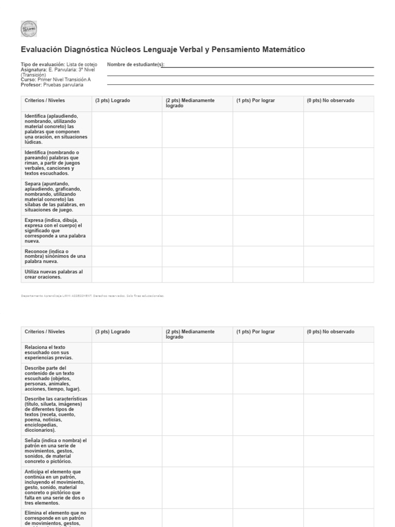 Evaluacion Diagnostica Pre Kinder Pdf Cognición Ciencia Cognitiva 0034