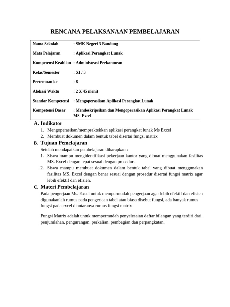 Pembelajaran MS Excel: Fungsi Matrix | PDF