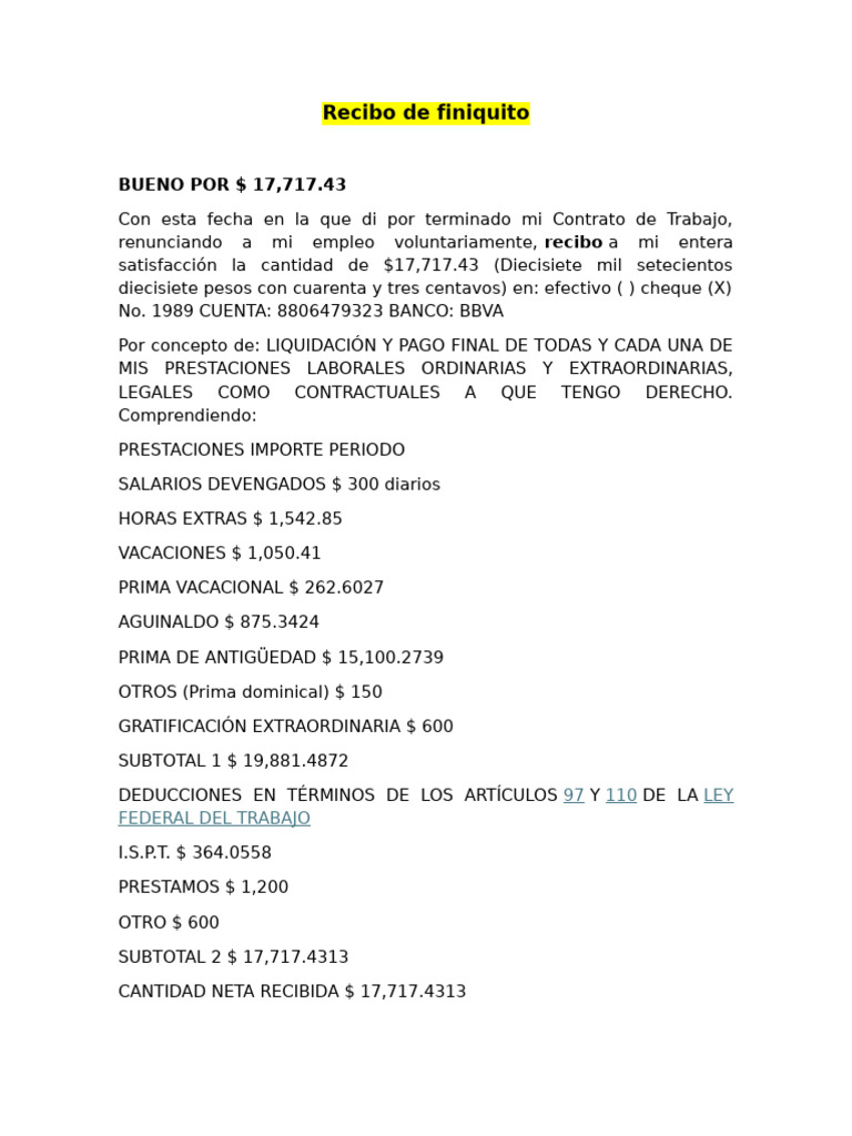 Recibo de Finiquito Laboral Detallado | PDF | Caso de ley | Salario