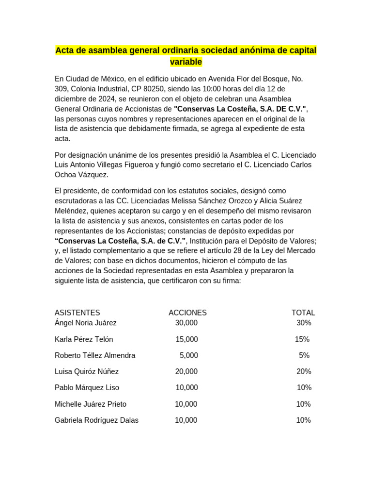 ACTA ASAMBLEA ORDINARIA Corregida | PDF