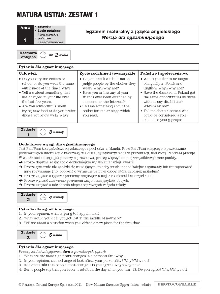 Matura Ustna Zestawy Angielski WERSJA DLA EGZAMINUJĄCEGO | PDF