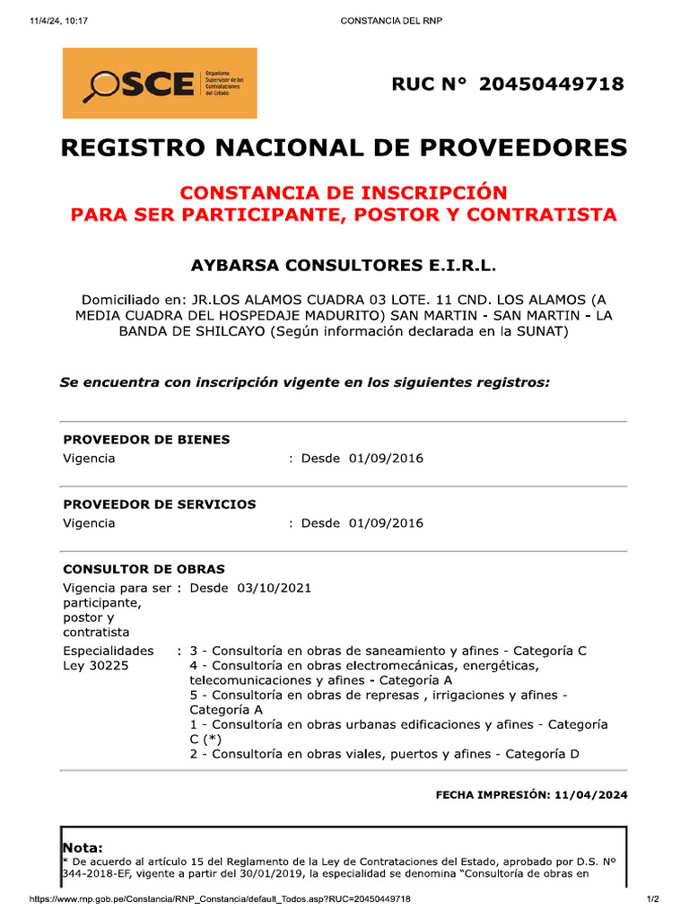 CONSTANCIA DEL RNP AYBARSA | PDF