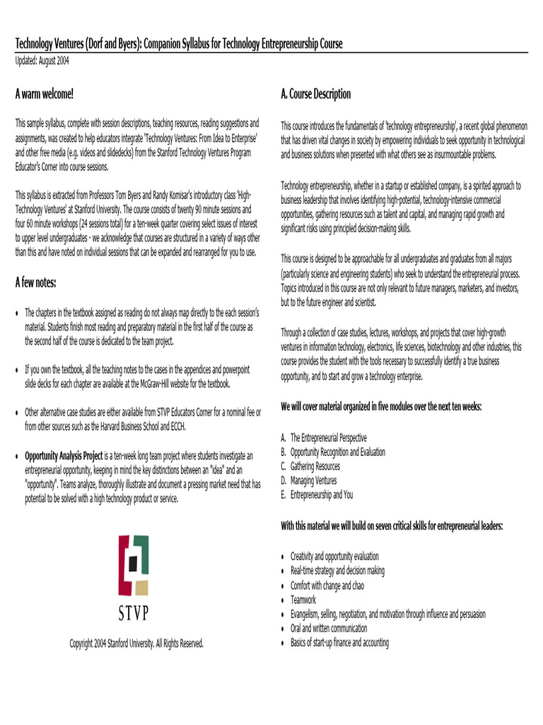 Syllabus Long | PDF | Entrepreneurship | Venture Capital