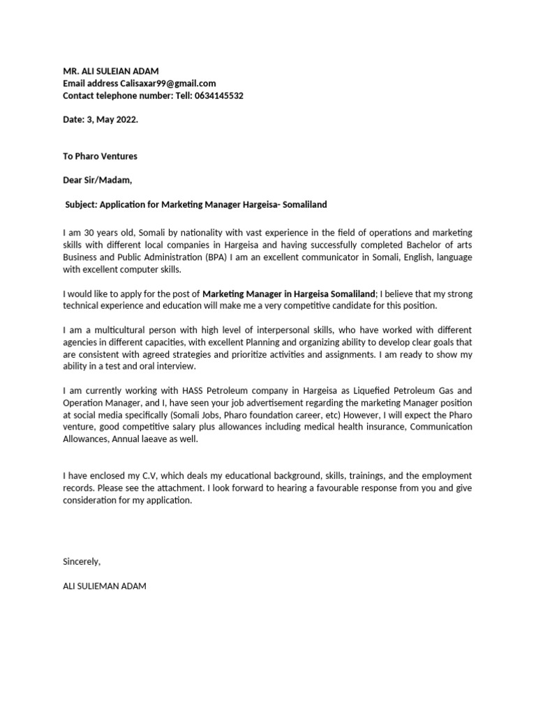 Application Letter-Marketing Officer Pharo Hargeisa | PDF