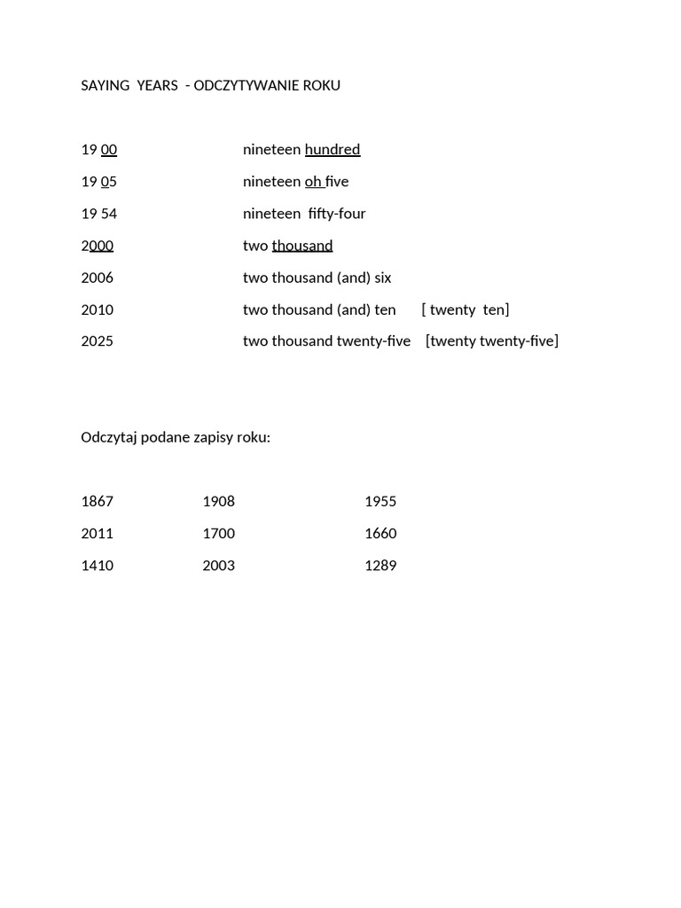 Reading and Writing Years in English | PDF