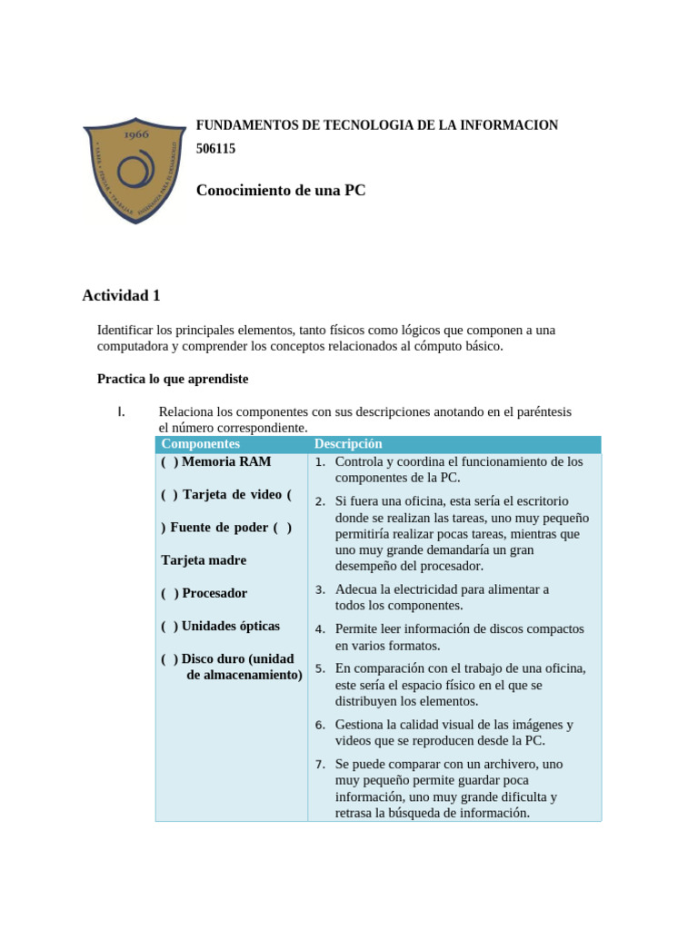 Conocimiento de Una PC Practica 1 | PDF | Información | Unidad Central de procesamiento